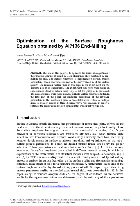 (PDF) Optimization of the Surface Roughness Equation obtained by Al7136 End-Milling