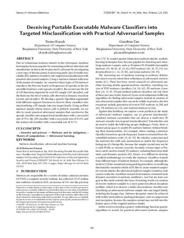 Pdf Deceiving Portable Executable Malware Classifiers Into Targeted