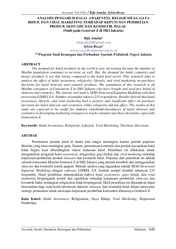 (PDF) Analisis Pengaruh Halal Awareness, Religiusitas, Gaya Hidup, dan Viral Marketing terhadap ...