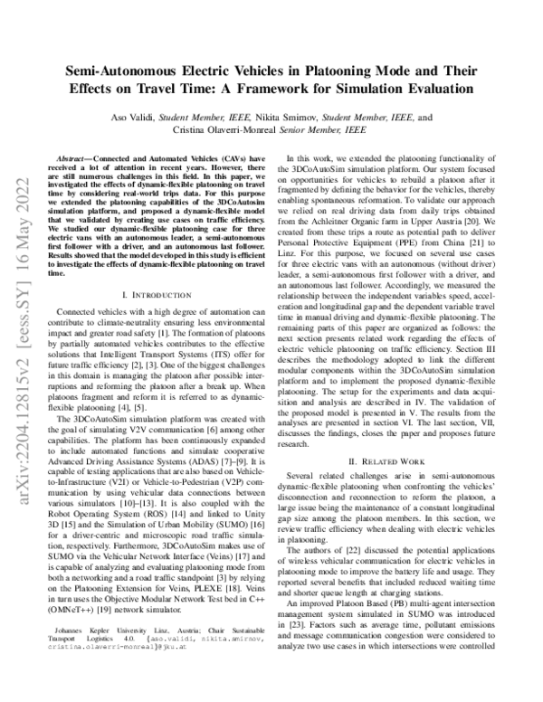 Pdf Semi Autonomous Electric Vehicles In Platooning Mode And Their