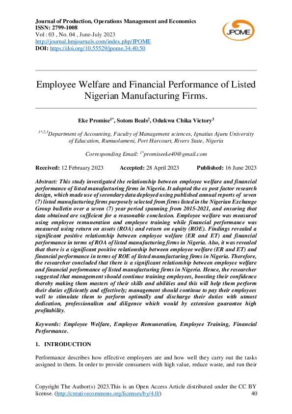 (PDF) Employee Welfare and Financial Performance of Listed Nigerian ...