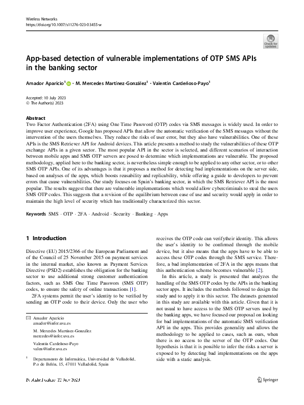 Pdf App Based Detection Of Vulnerable Implementations Of Otp Sms Apis In The Banking Sector