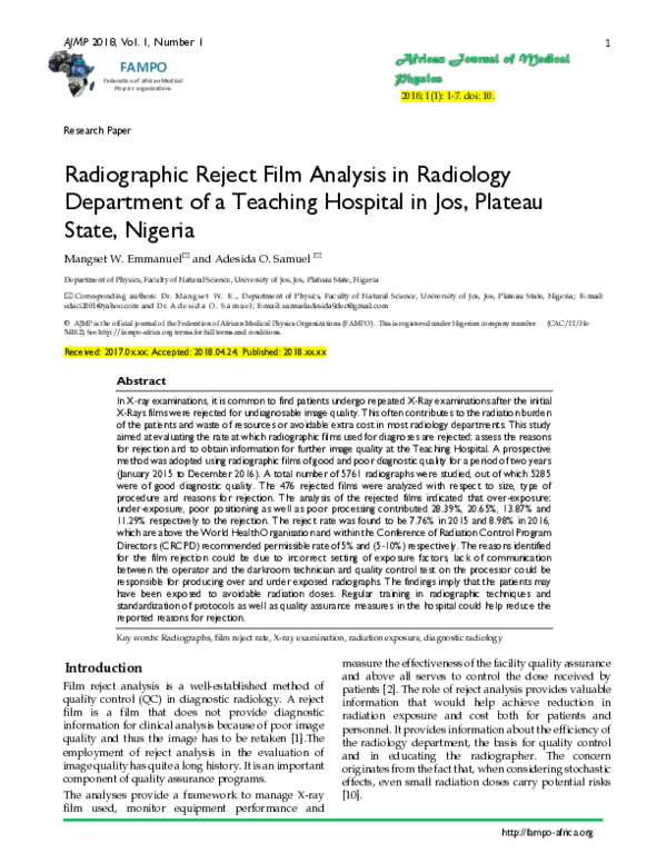 (PDF) Radiographic Reject Film Analysis in Radiology Department of a ...