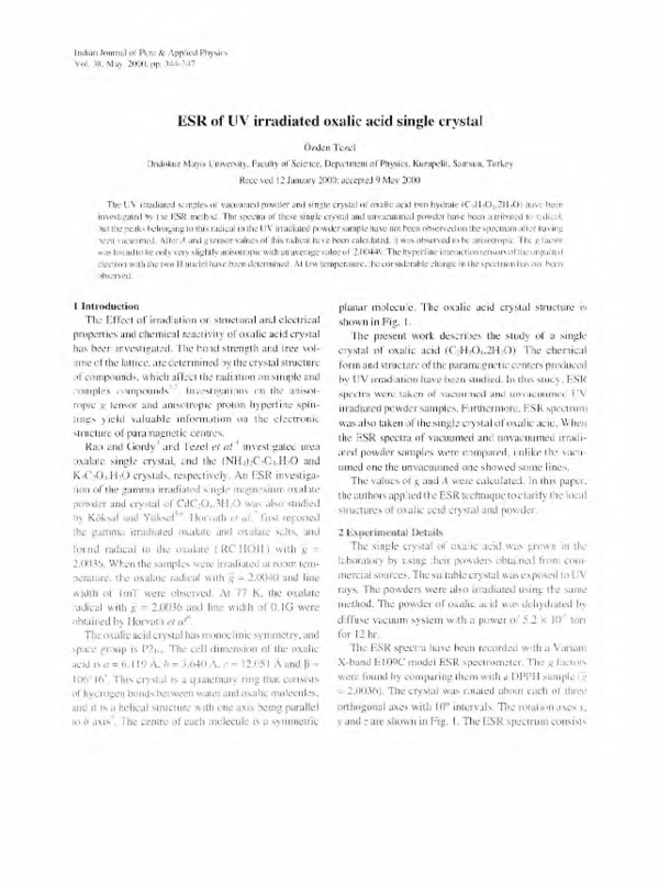 (PDF) ESR of UV irradiated oxalic acid single crystal