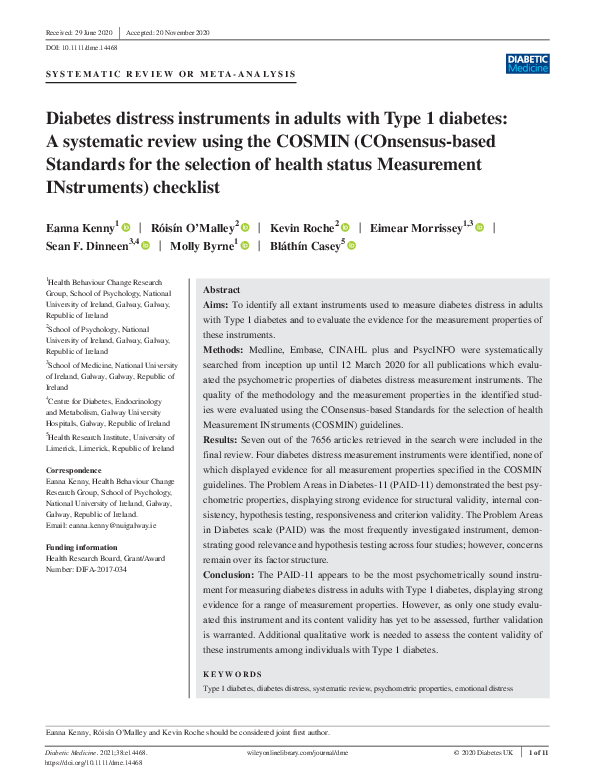 (PDF) Diabetes distress instruments in adults with Type 1 diabetes: A ...