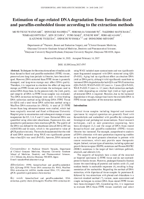 Pdf Estimation Of Age Related Dna Degradation From Formalin Fixed And Paraffin Embedded Tissue