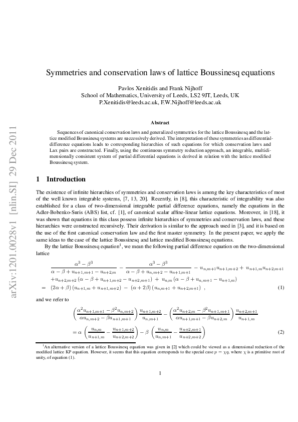 (PDF) Symmetries and conservation laws of lattice Boussinesq equations