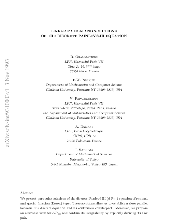 (PDF) Linearization and solutions of the discrete Painlevé III equation
