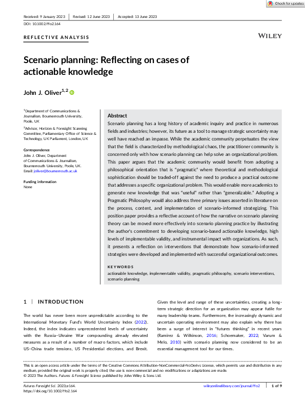 (PDF) Scenario planning: Reflecting on cases of actionable knowledge