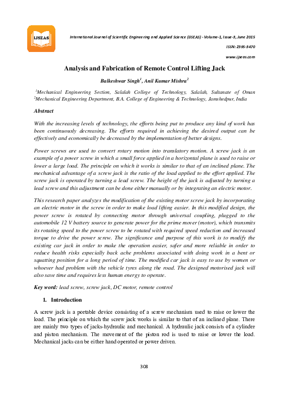 (PDF) Analysis and Fabrication of Remote Control Lifting Jack