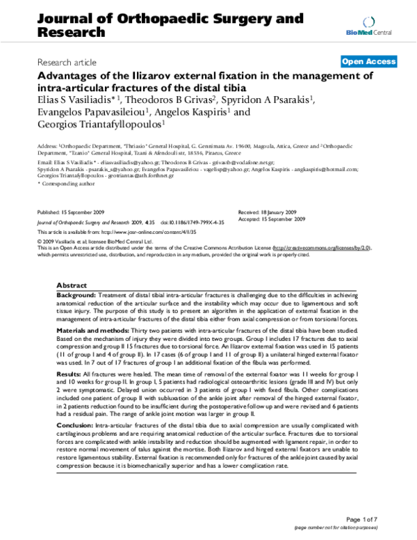 (PDF) Advantages of the Ilizarov external fixation in the management of intra-articular ...
