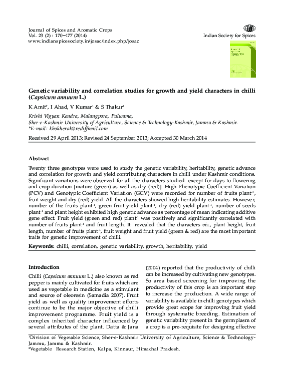 (PDF) Genetic variability and correlation studies for growth and yield characters in chilli ...