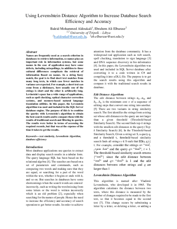 (PDF) Using Levenshtein Distance Algorithm to Increase Database Search Efficiency and Accuracye