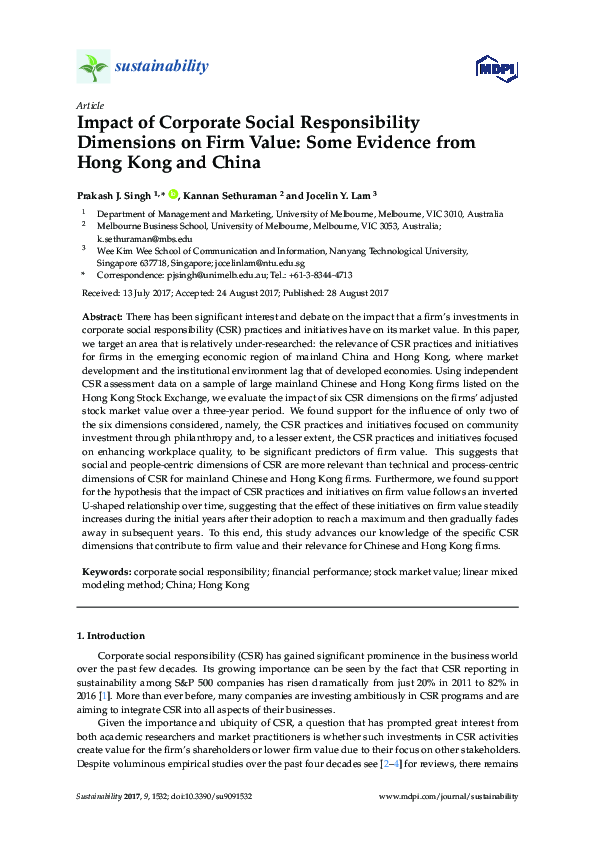 (PDF) Impact of Corporate Social Responsibility Dimensions on Firm Value: Some Evidence from ...