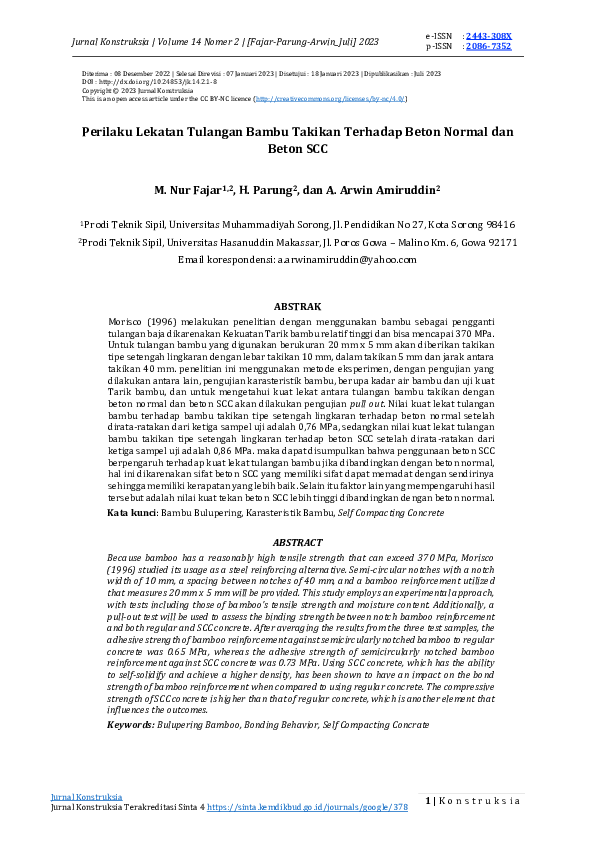 (PDF) Perilaku Lekatan Tulangan Bambu Takikan Terhadap Beton Normal Dan ...