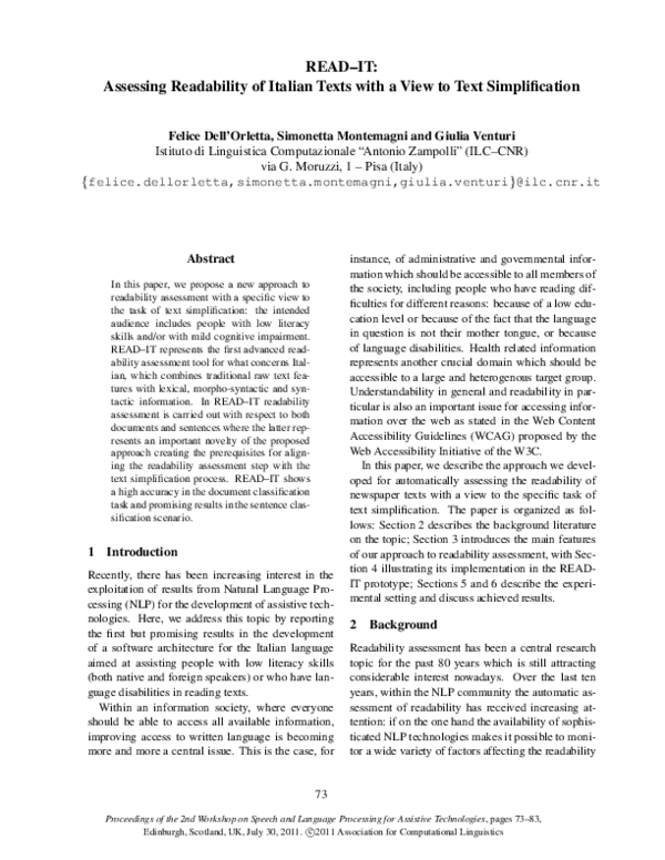 (PDF) Read-it: Assessing readability of italian texts with a view to ...