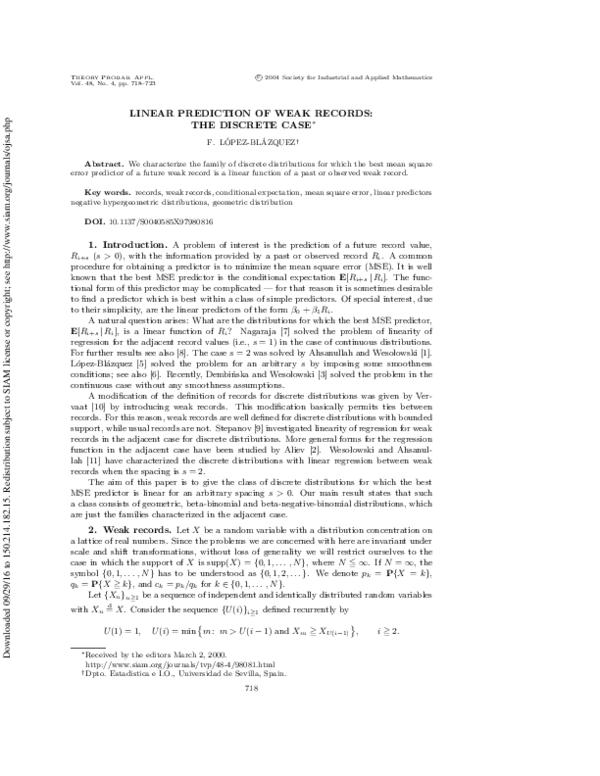(PDF) Linear Prediction of Weak Records: The Discrete Case