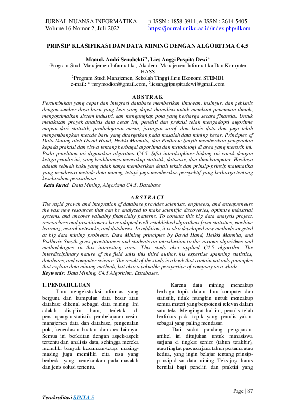 (PDF) Prinsip Klasifikasi Dan Data Mining Dengan Algoritma C4.5