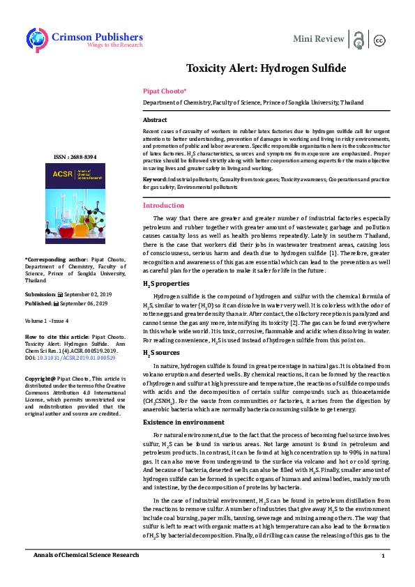 (PDF) Toxicity Alert: Hydrogen Sulfide