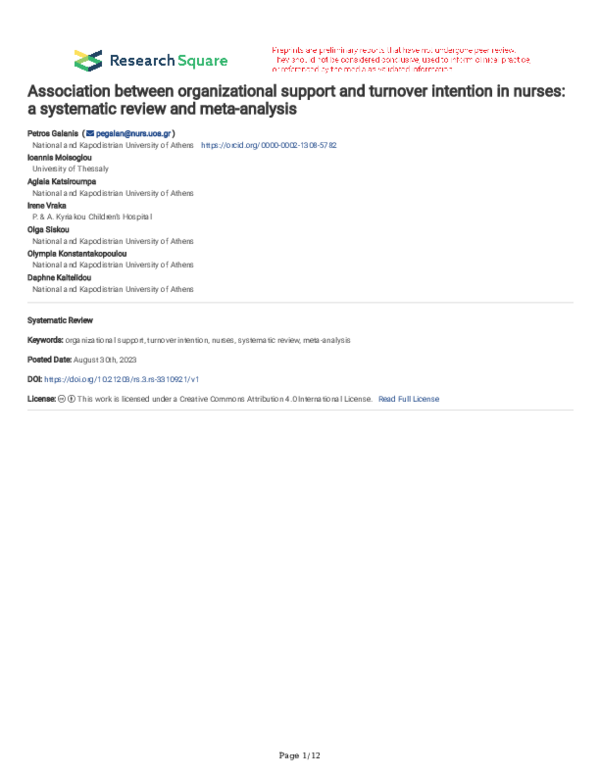 (PDF) Association between organizational support and turnover intention in nurses a systematic ...