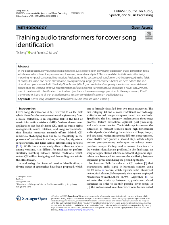 (PDF) Training audio transformers for cover song identification