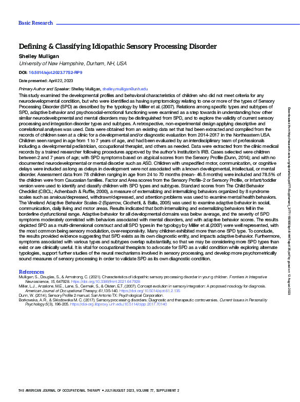 (PDF) Defining & Classifying Idiopathic Sensory Processing Disorder