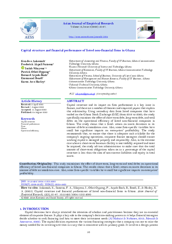 (PDF) Capital structure and financial performance of listed non-financial firms in Ghana