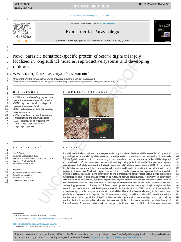 (PDF) Novel parasitic nematode-specific protein of Setaria digitata ...