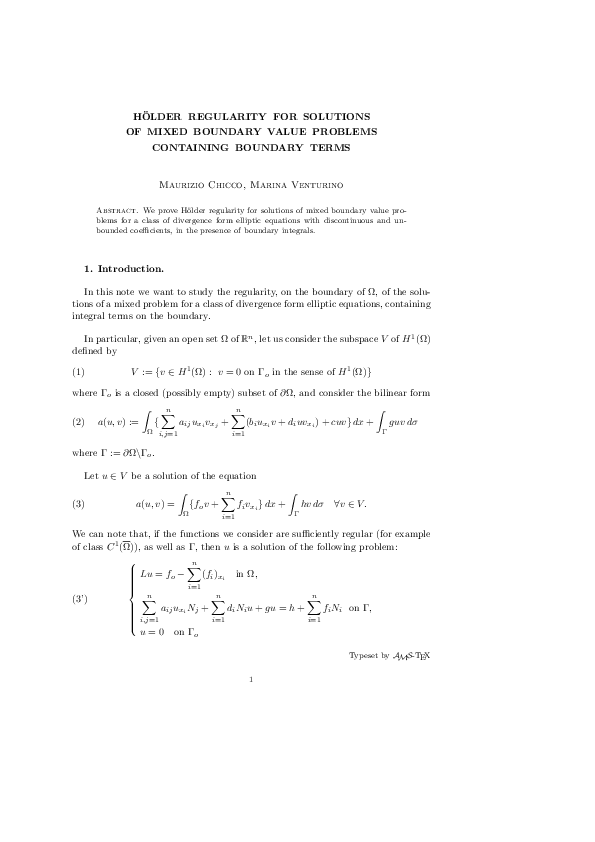 Pdf Venturino Hölder Regularity For Solutions Of Mixed Boundary