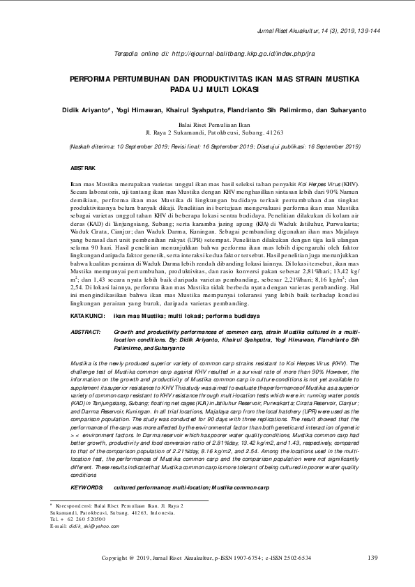 (PDF) Performa Pertumbuhan Dan Produktivitas Ikan Mas Strain Mustika Pada Uji Multi Lokasi