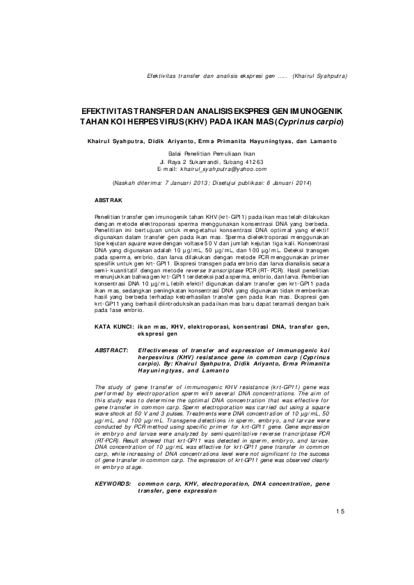 (PDF) EFEKTIVITAS TRANSFER DAN ANALISIS EKSPRESI GEN IMUNOGENIK TAHAN KOI HERPES VIRUS (KHV ...