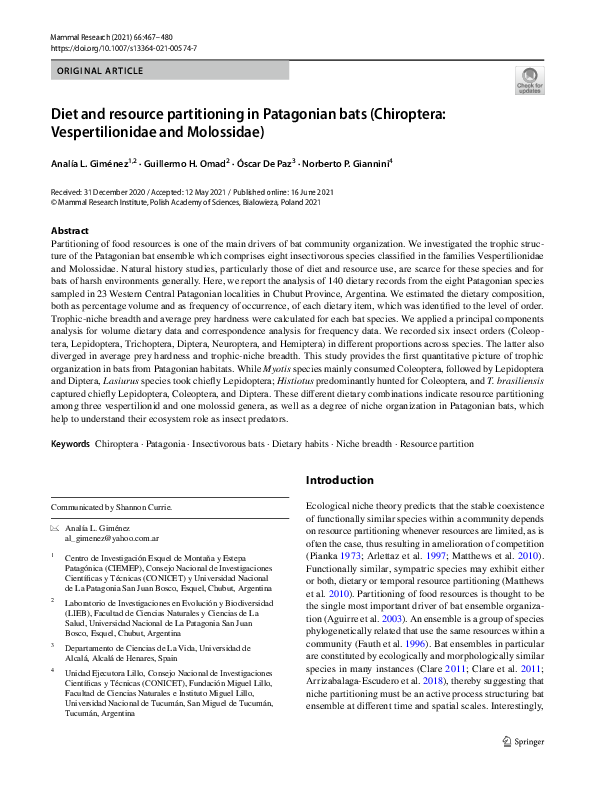 (PDF) Diet and resource partitioning in Patagonian bats (Chiroptera ...