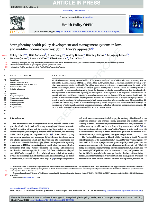 (PDF) Strengthening health policy development and management systems in ...