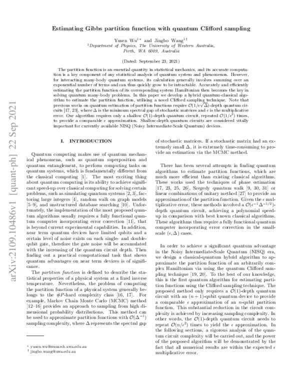 Pdf Estimating Gibbs Partition Function With Quantum Clifford Sampling