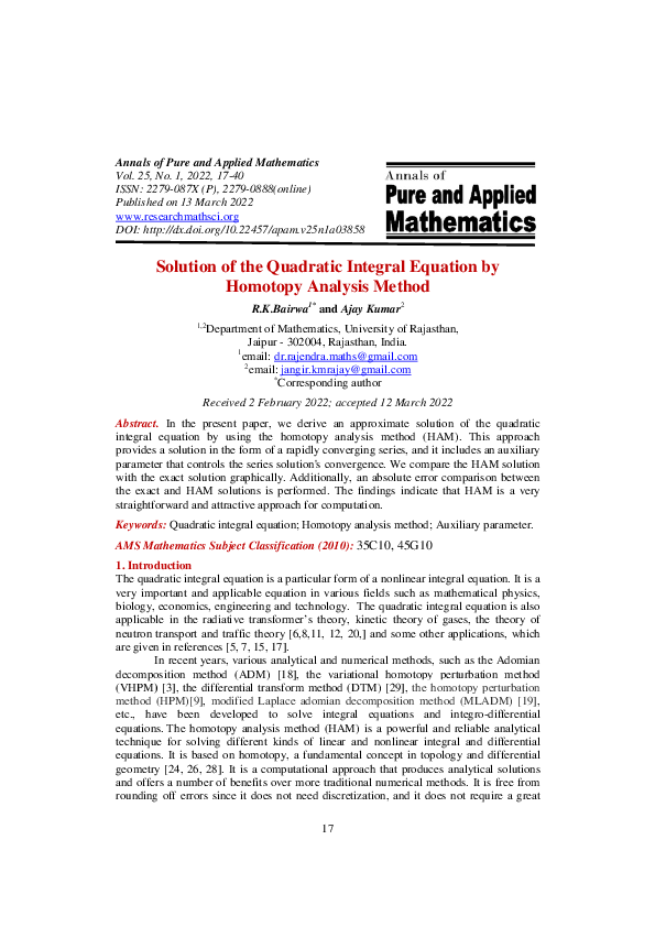 (PDF) Solution of the Quadratic Integral Equation by Homotopy Analysis ...