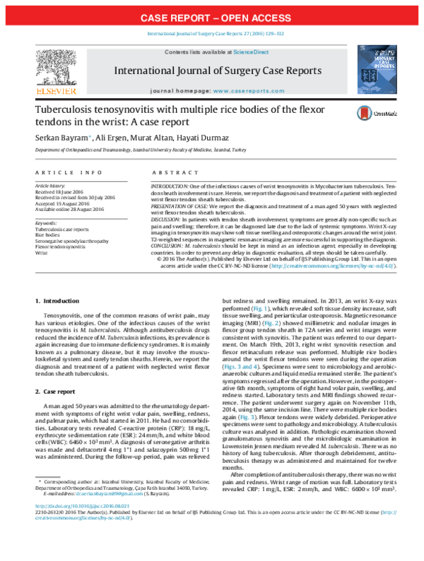 (PDF) Tuberculosis tenosynovitis with multiple rice bodies of the ...