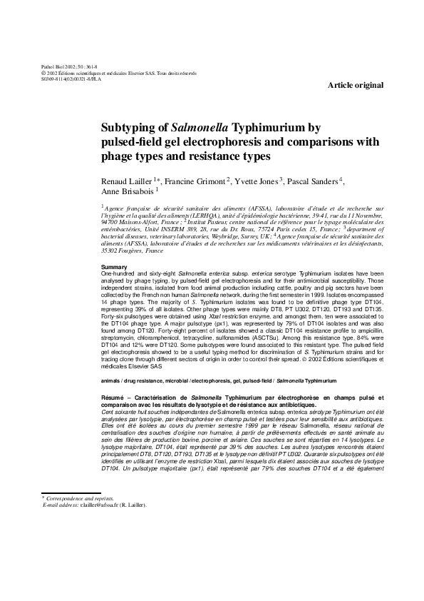 (PDF) Subtyping of Salmonella Typhimurium by pulsed-field gel electrophoresis and comparisons ...
