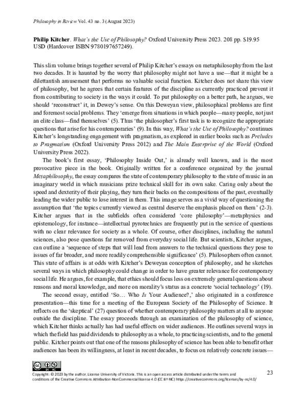 (PDF) Philip Kitcher, What's the Use of Philosophy?