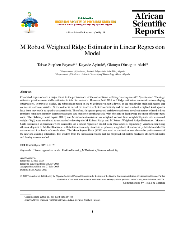 Pdf M Robust Weighted Ridge Estimator In Linear Regression Model
