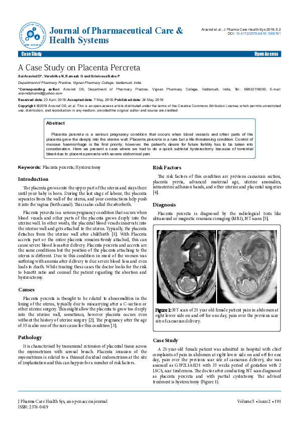 (PDF) A Case Study on Placenta Percreta | SAI ARAVIND - Academia.edu