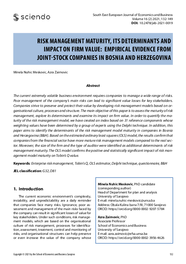 (PDF) Risk Management Maturity, its Determinants and Impact on Firm ...