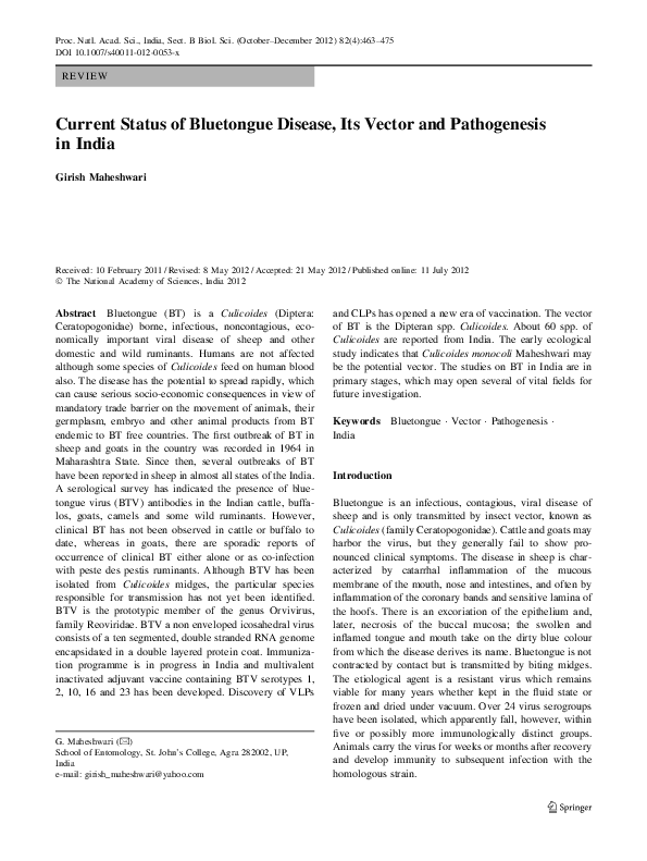 (PDF) Current Status of Bluetongue Disease, Its Vector and Pathogenesis ...