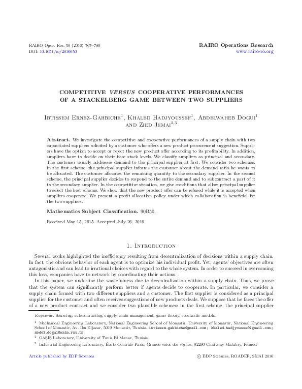(PDF) Competitive versus Cooperative Performances of a Stackelberg Game ...