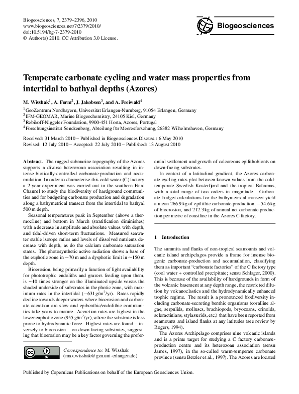 (PDF) Temperate carbonate cycling and water mass properties from ...