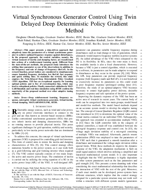 (PDF) Virtual Synchronous Generator Control Using Twin Delayed Deep Deterministic Policy ...