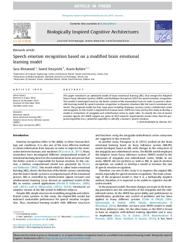 (PDF) Speech emotion recognition based on a modified brain emotional learning model