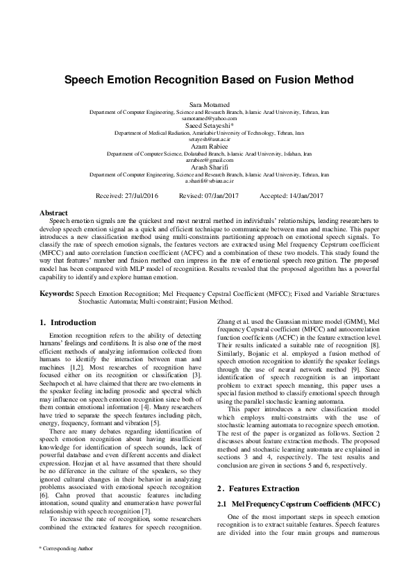 (PDF) Speech Emotion Recognition Based on Fusion Method