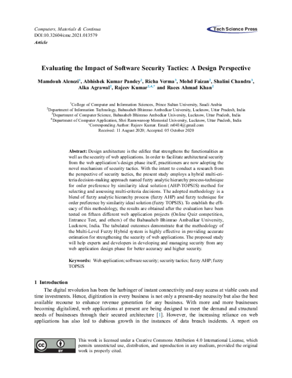 (PDF) Evaluating the Impact of Software Security Tactics: A Design Perspective | Dr. Shalini ...