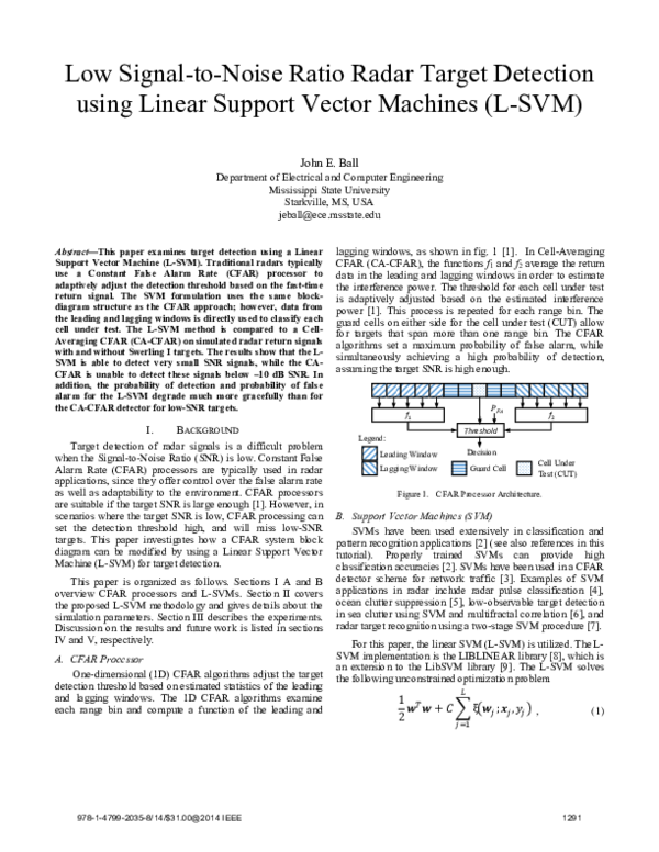 Pdf Low Signal To Noise Ratio Radar Target Detection Using Linear Support Vector Machines L Svm