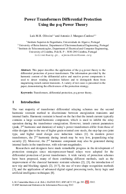 (PDF) Power Transformers Differential Protection Using the p-q Power Theory